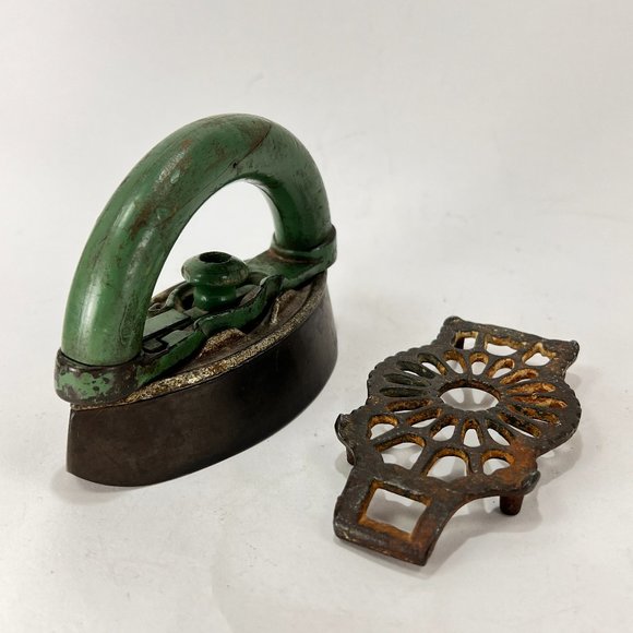 Accents | Antique Flat Sad Iron Resting Stand Trivet Green Wood Handle ...
